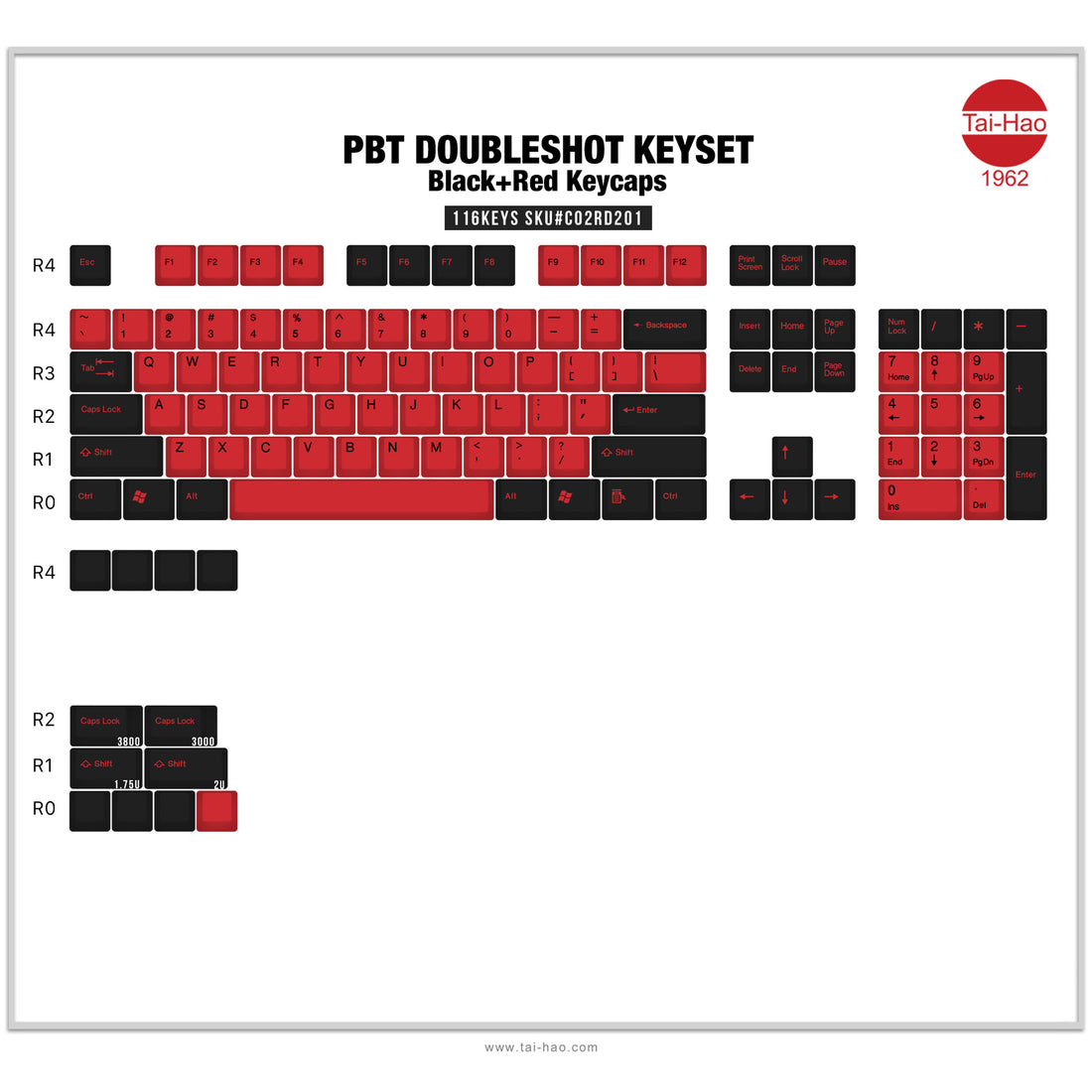 Tai-Hao Dark Blood 116 Key OEM Profile Double Shot PBT Keycap Set