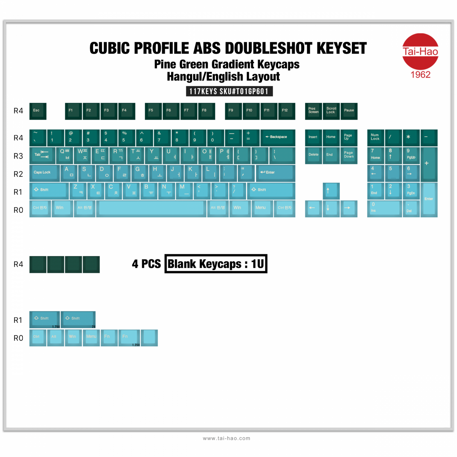 Tai-Hao Pine Green Gradient Hangul & English 117 Key Cubic Profile Dou