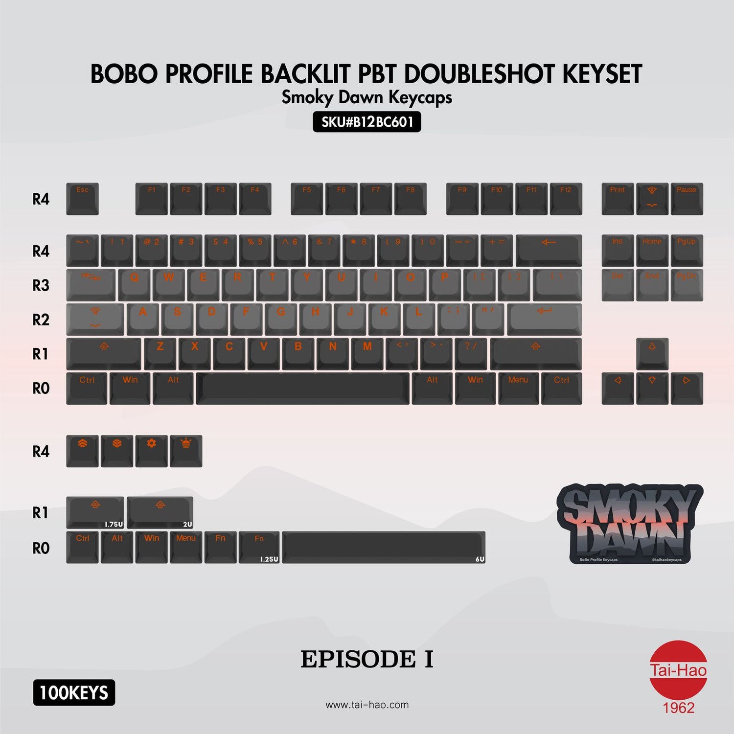Tai-Hao Smoky Dawn 100 Key BOBO Profile Double Shot PBT Keycap Set