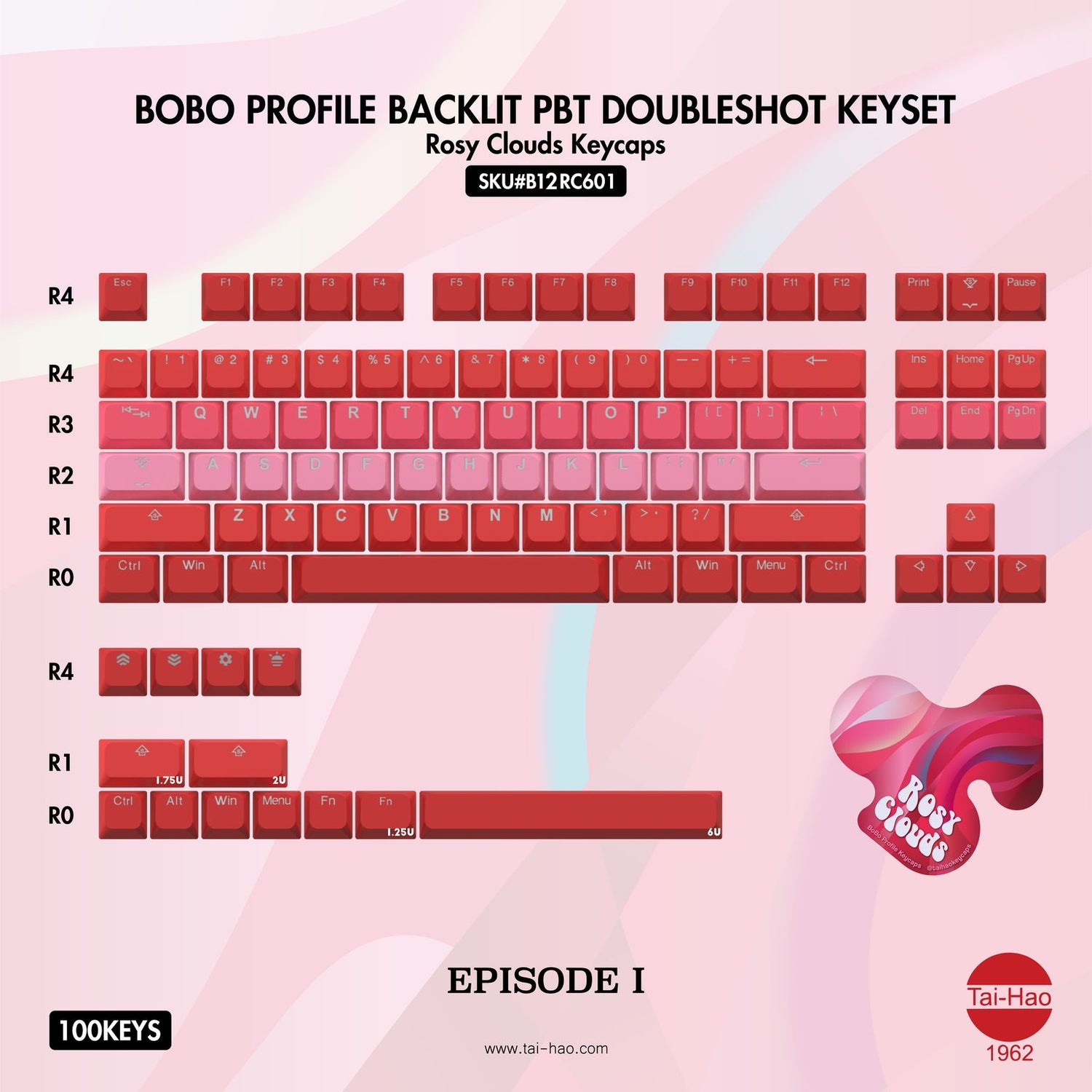 Tai-Hao Rosy Clouds 100 Key BOBO Profile Double Shot PBT Keycap Set