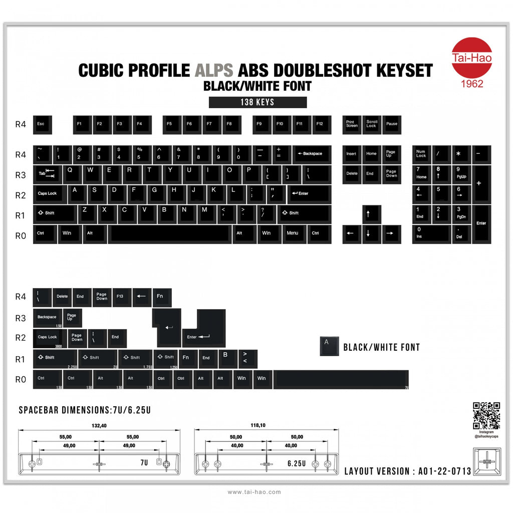 Tai-Hao Black 138 Key Cubic Profile Double Shot ABS ALPS Keycap Set