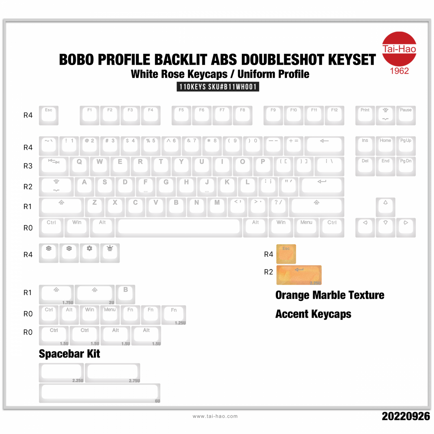 Tai-Hao White Rose 110 Key BOBO Profile Double Shot ABS Keycap Set