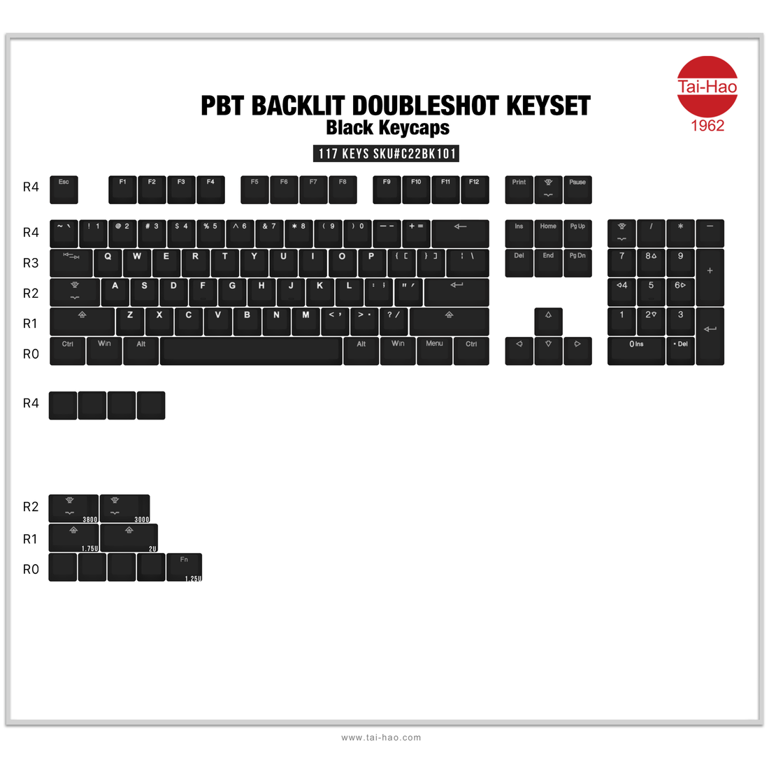 Tai-Hao Black Backlit 117 Key OEM Profile Double Shot PBT Keycap Set