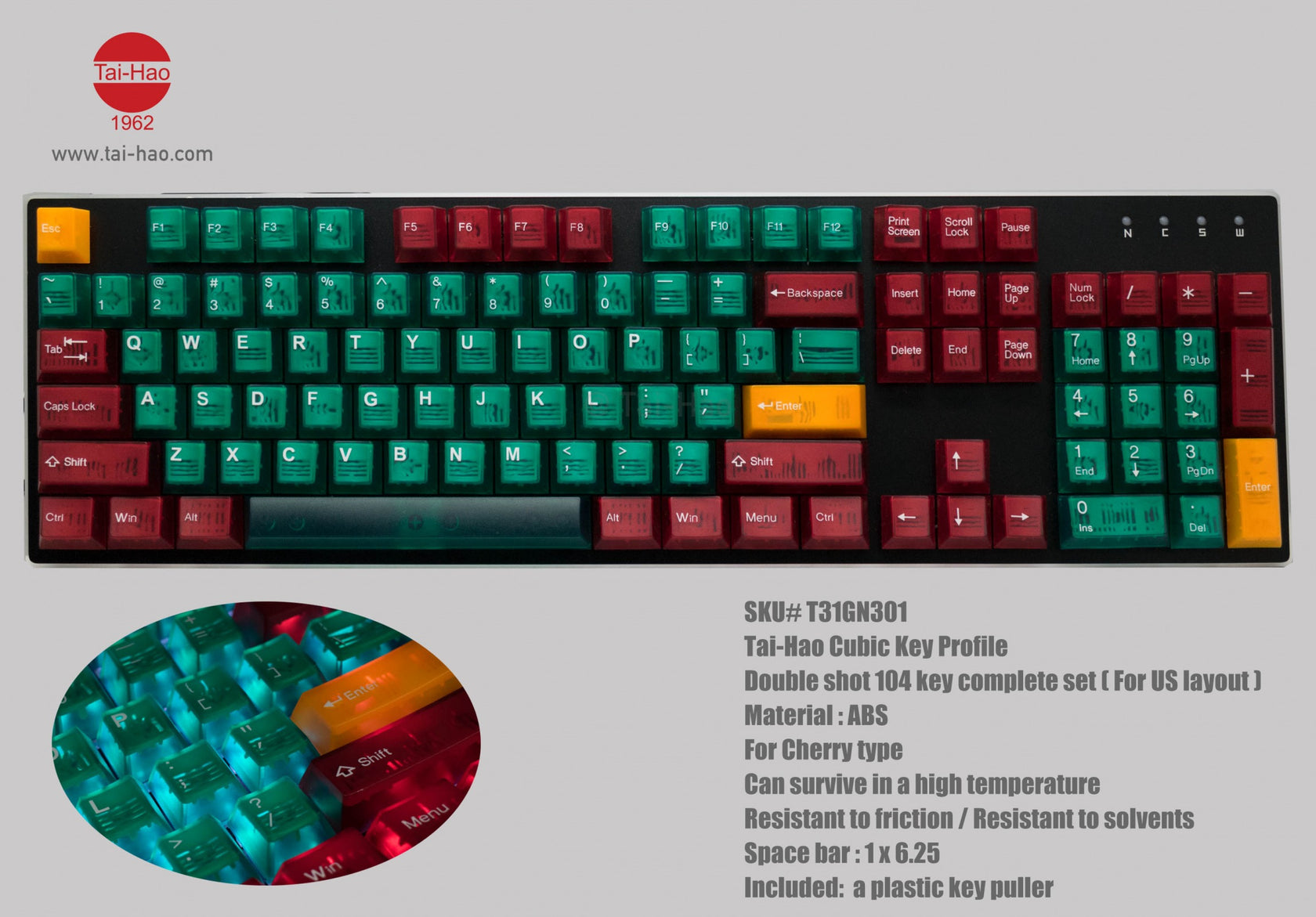 Tai-Hao Green & Red Translucent 152 Key Cubic Profile Double Shot ABS