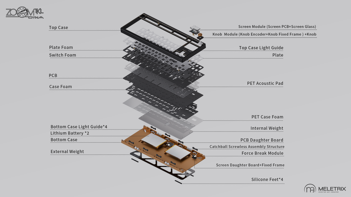 Meletrix Zoom TKL DYNA Aluminum Barebones Wireless DIY Keyboard Kit Gr