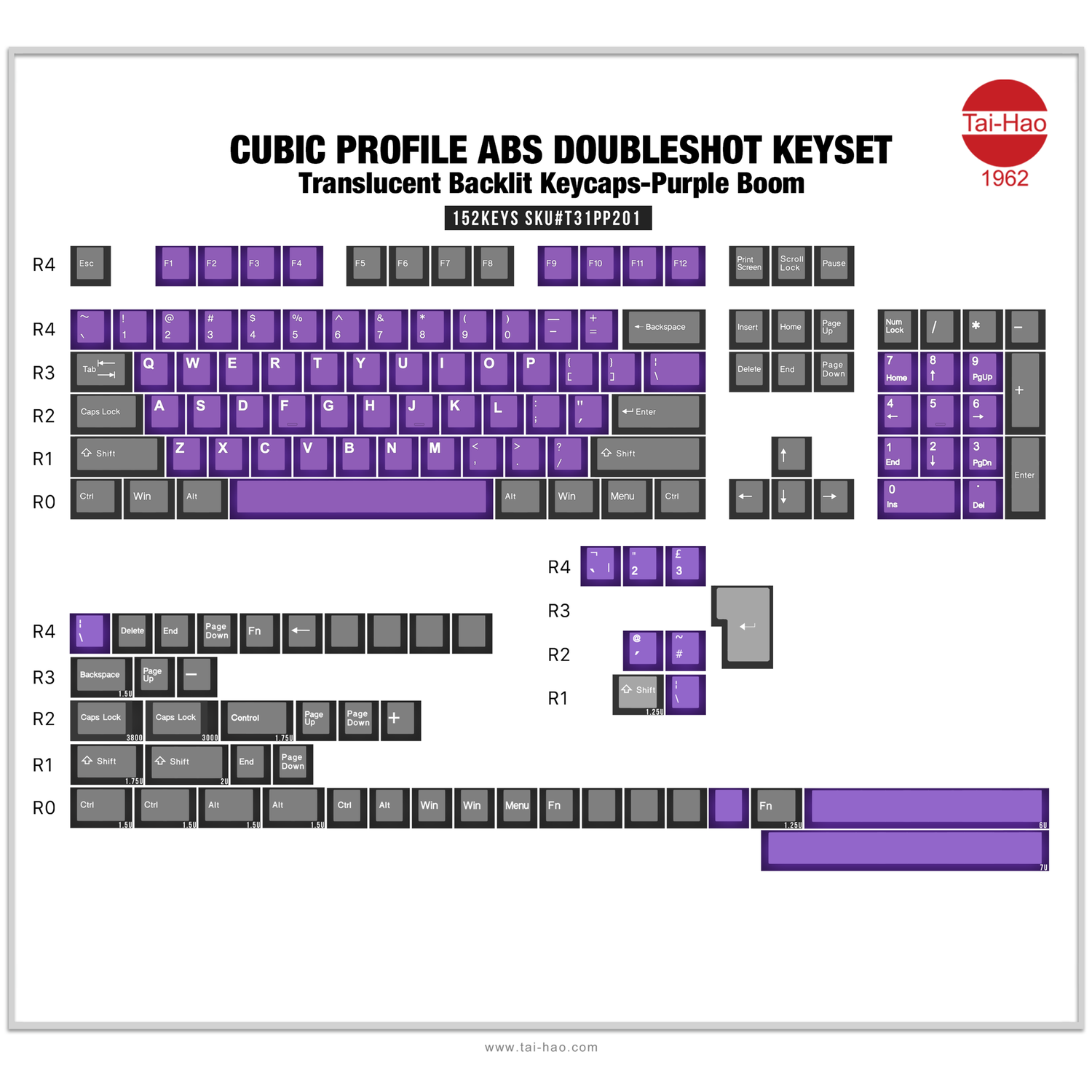Tai-Hao Purple Boom 152 Key Cubic Profile Double Shot ABS Translucent